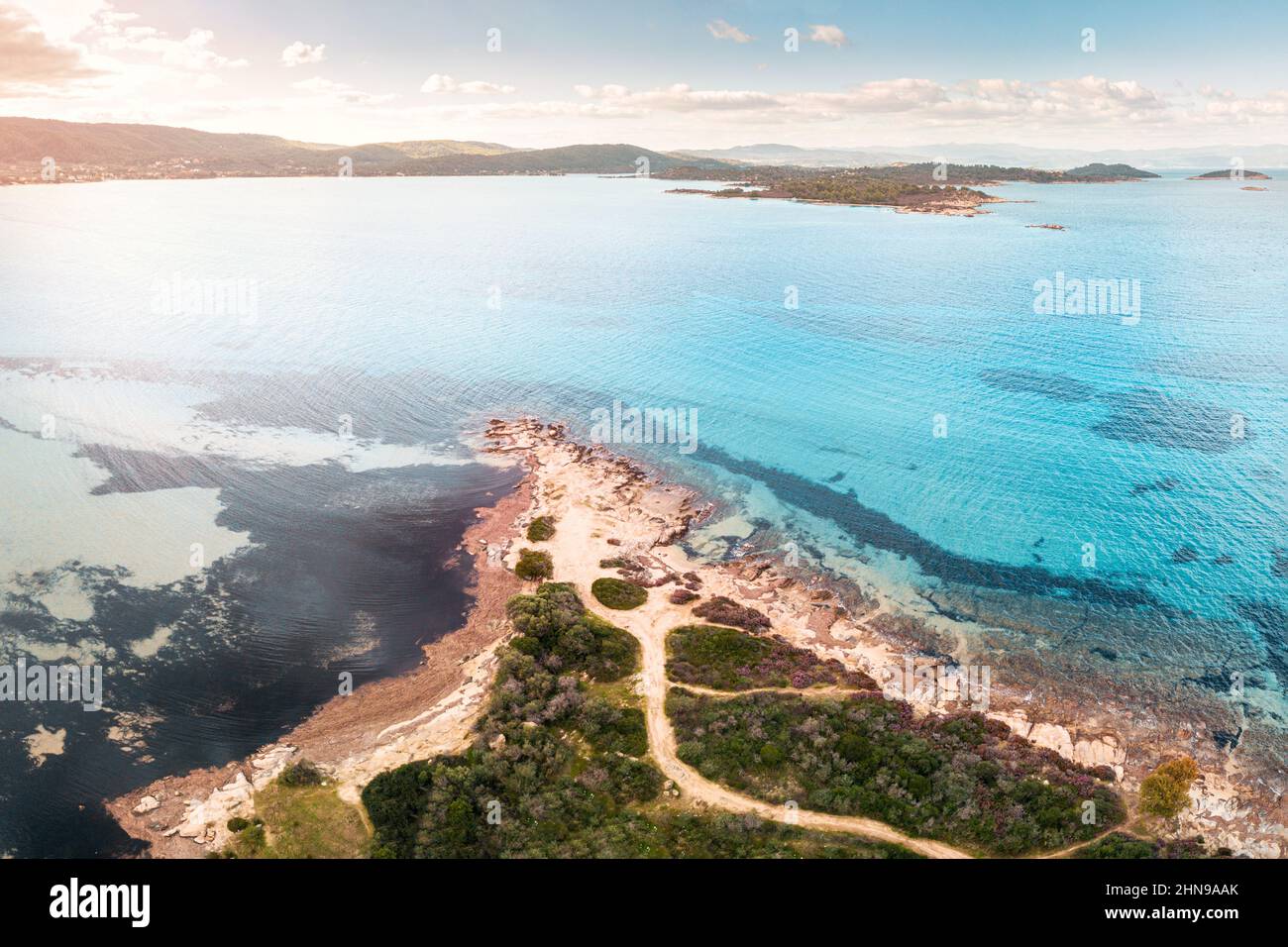 Aerial view of paradise seashore with various shades of turquoise water ...
