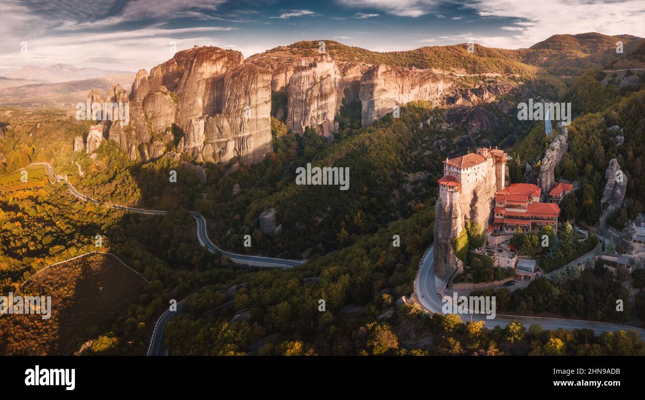 Atmospheric aerial panorama of the famous Monastery of Rousanou Saint ...