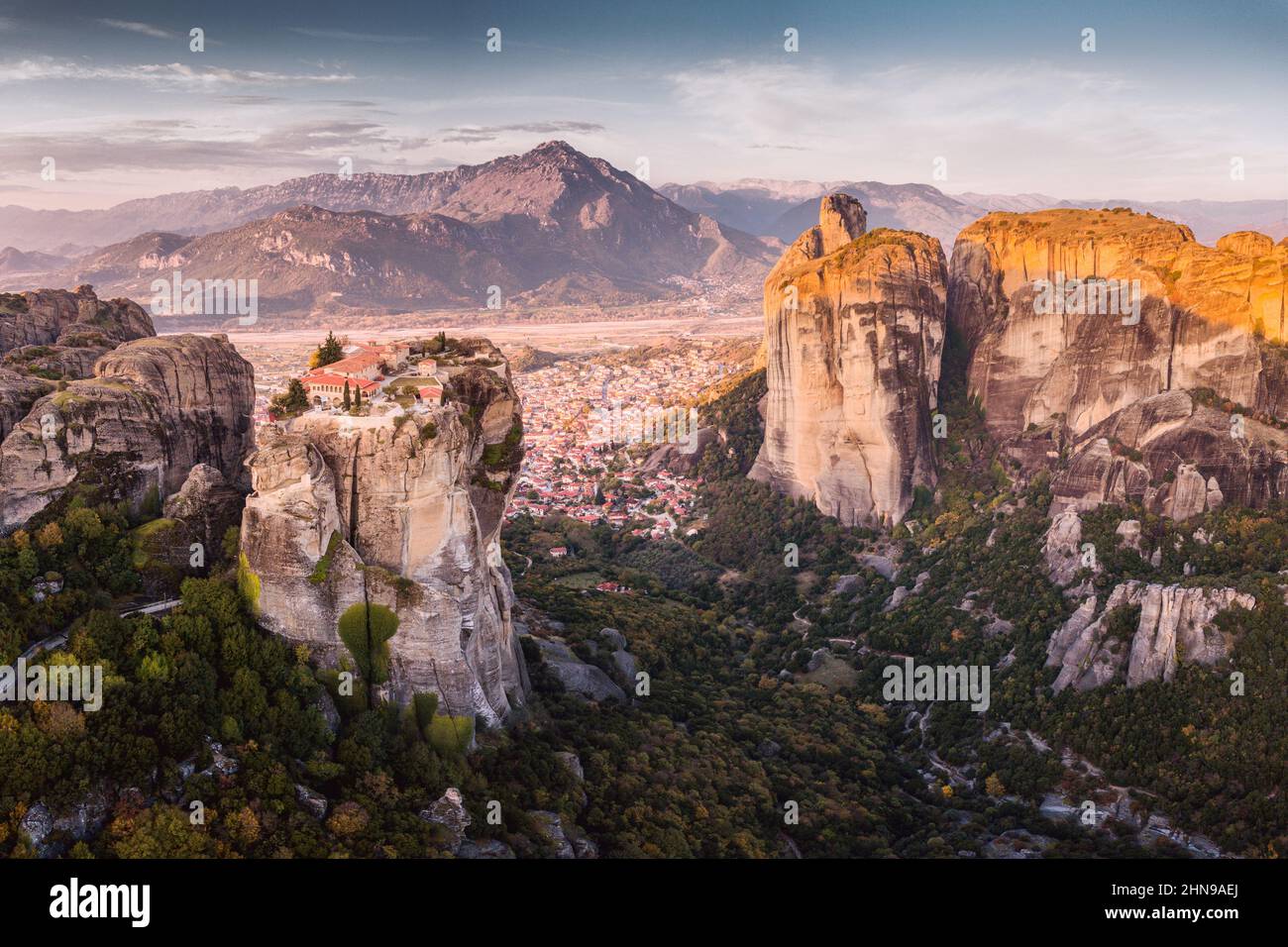 Scenic panoramic view of the Monastery of the Holy Trinity in Meteora ...