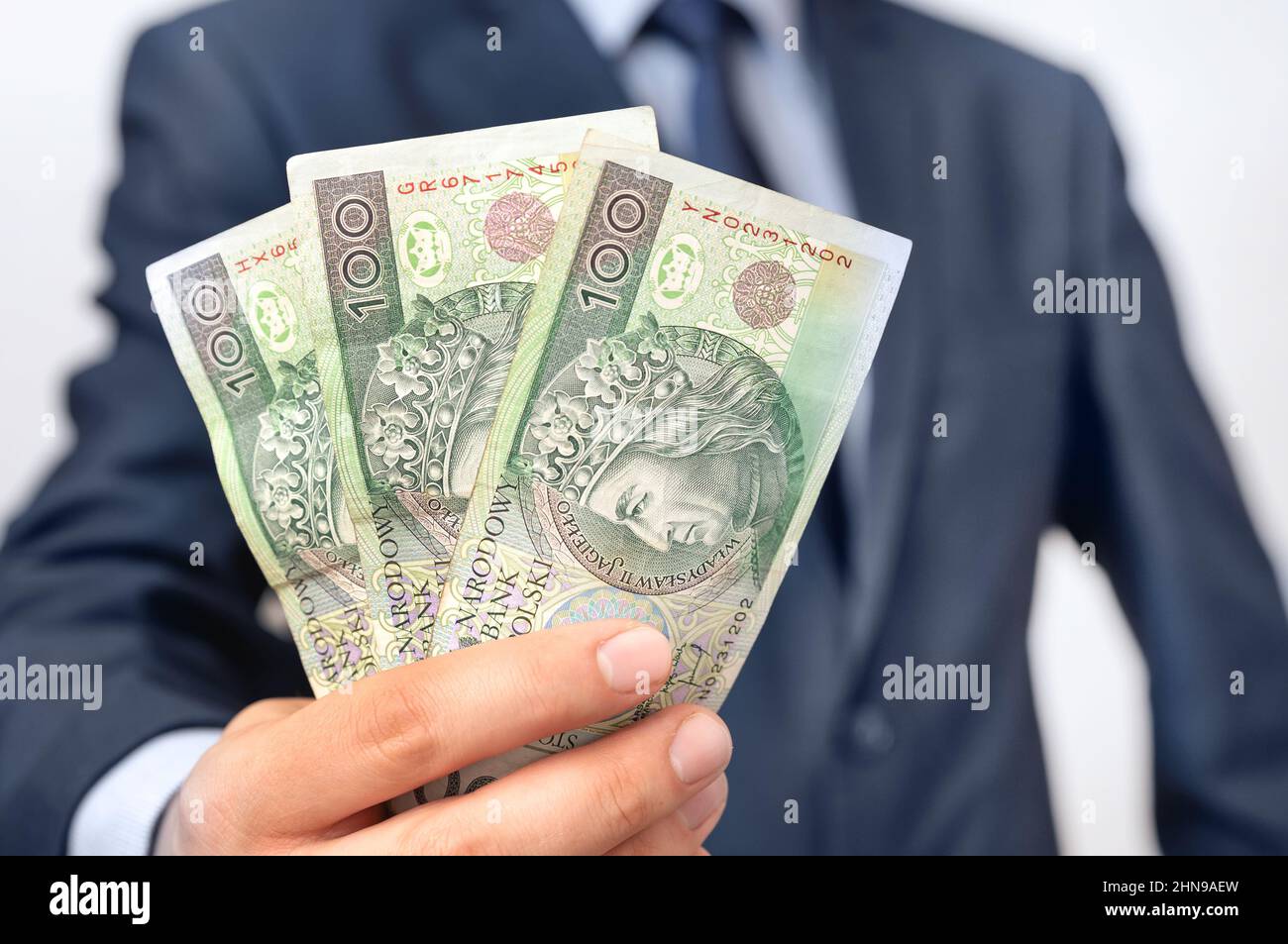 Range of Polish banknotes in hand. Businessman giving money Stock Photo ...