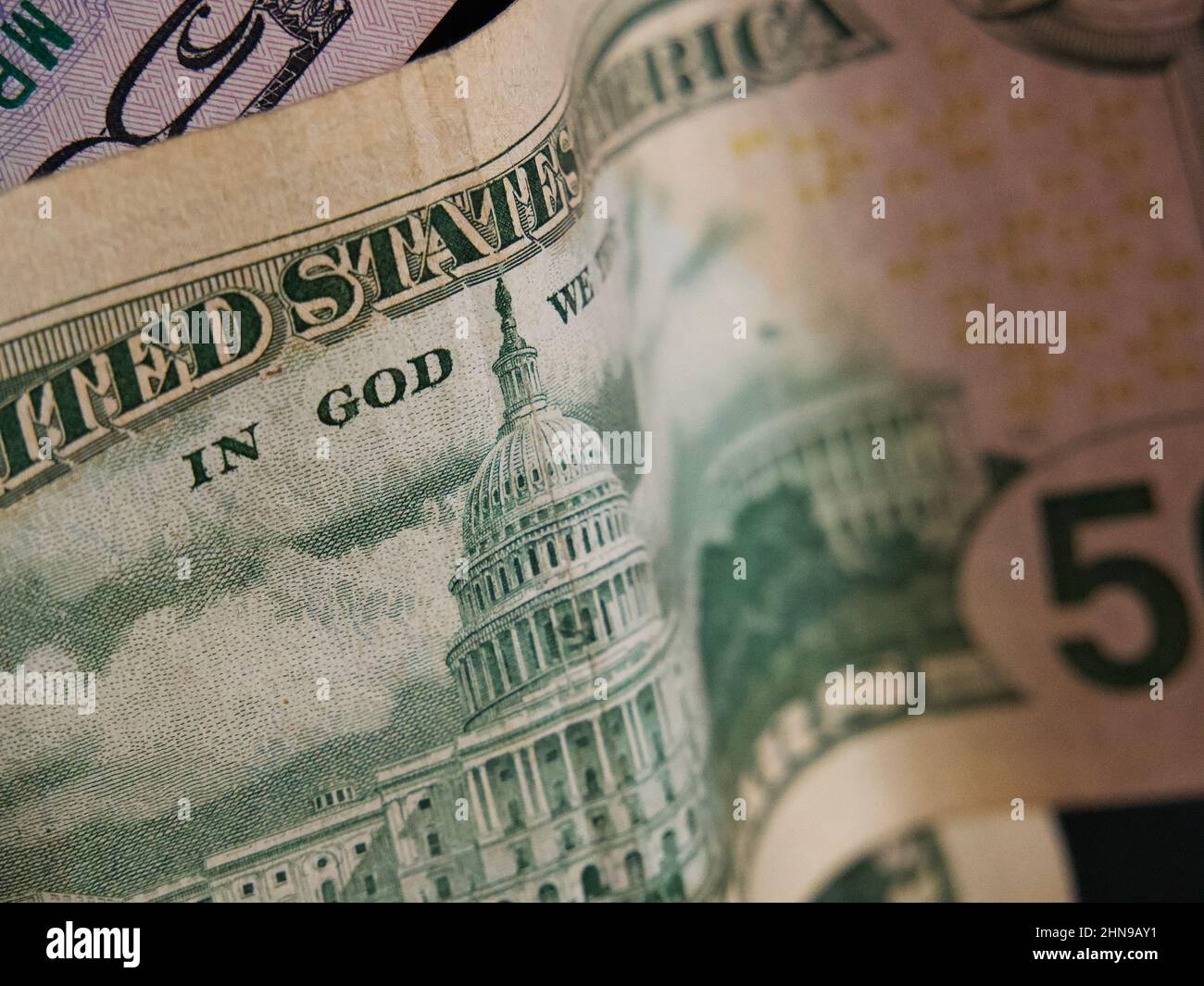 Banknotes with a face value of 50 dollars close-up. American paper ...