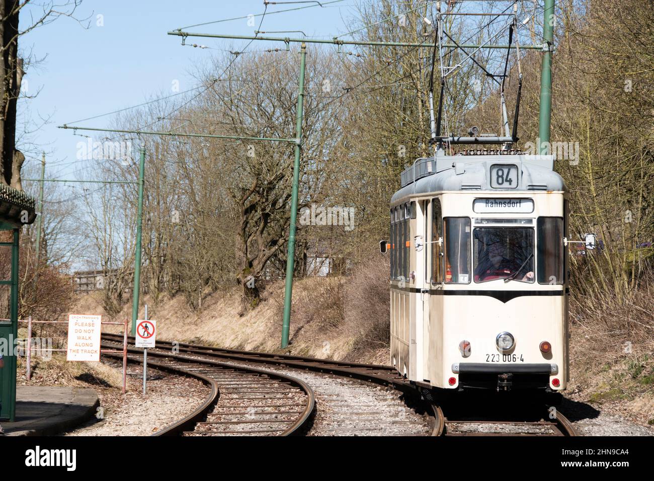 Derbyshire, UK – 5 April 2018: A vintage tram rides the tracks of the ...