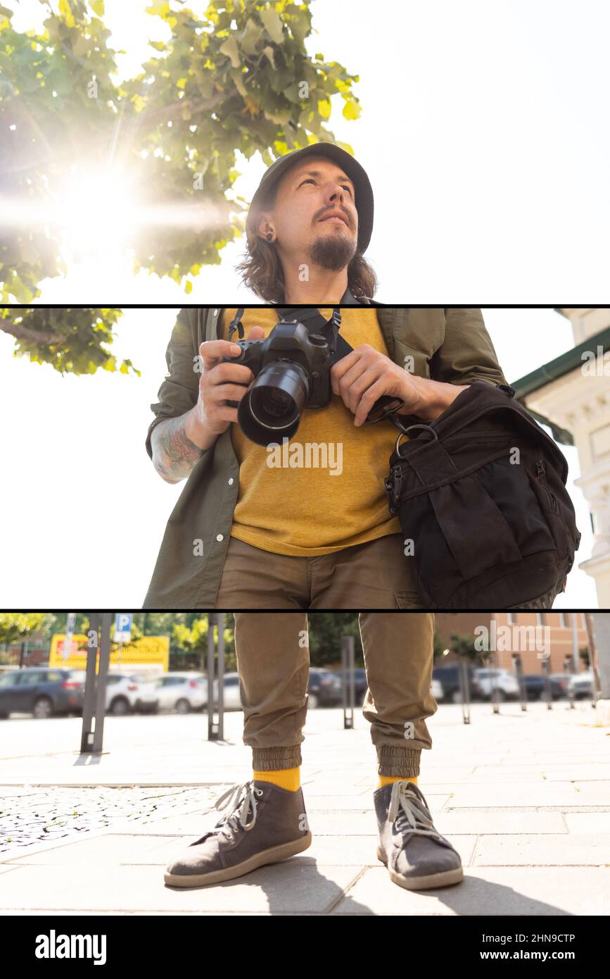 Creative collage. Portrait of young man, photographer, cameraman with ...
