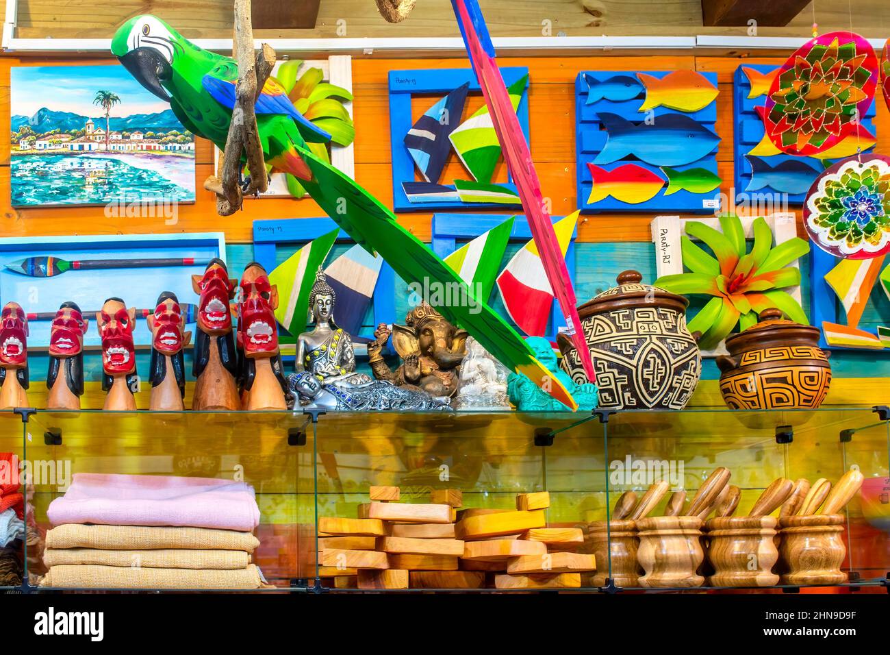 Brazilian souvenirs in gift shop in Paraty, Rio de Janeiro, Brazil ...