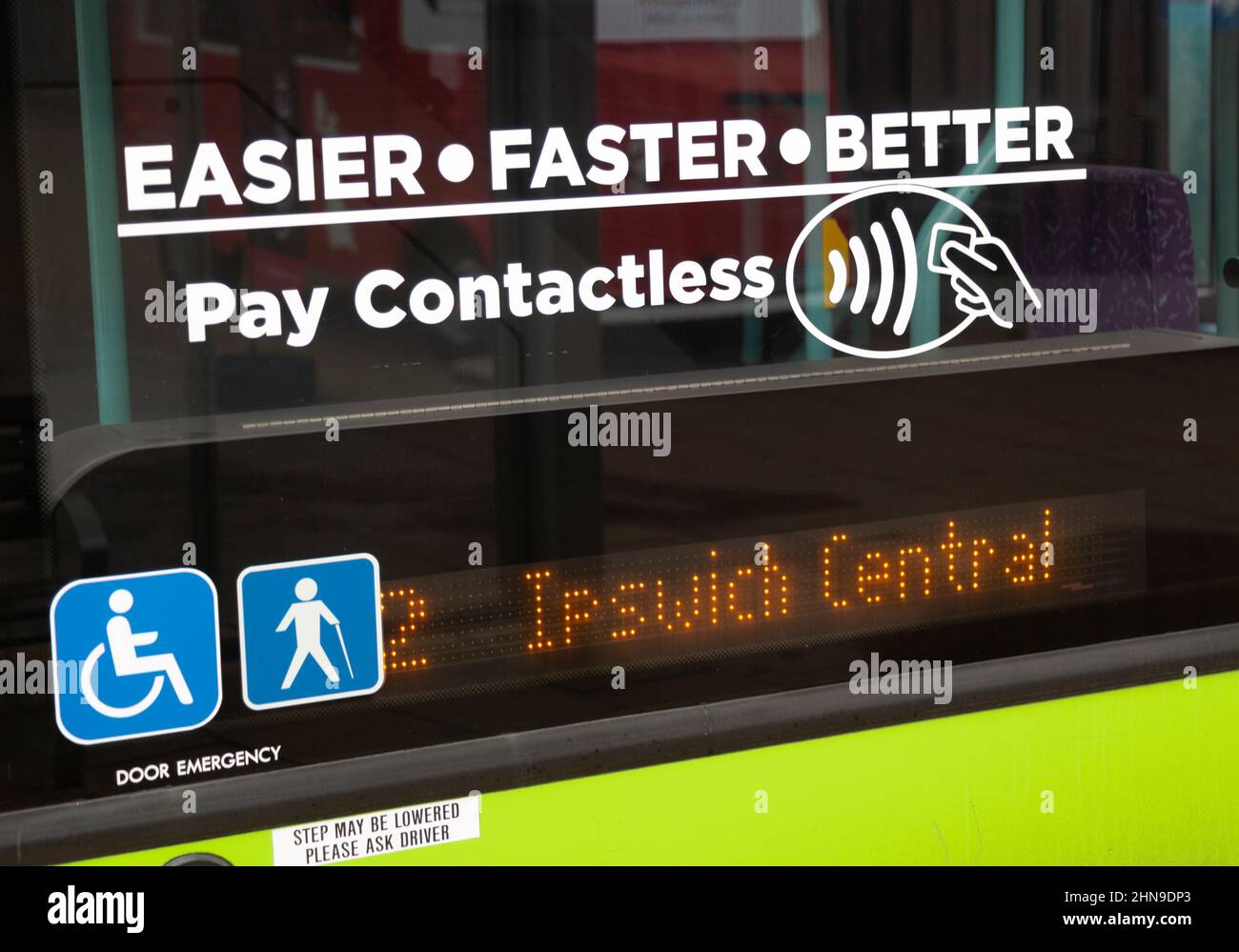 Pay Contactless sign on bus window, Ipswich, Suffolk, England, Uk Stock ...