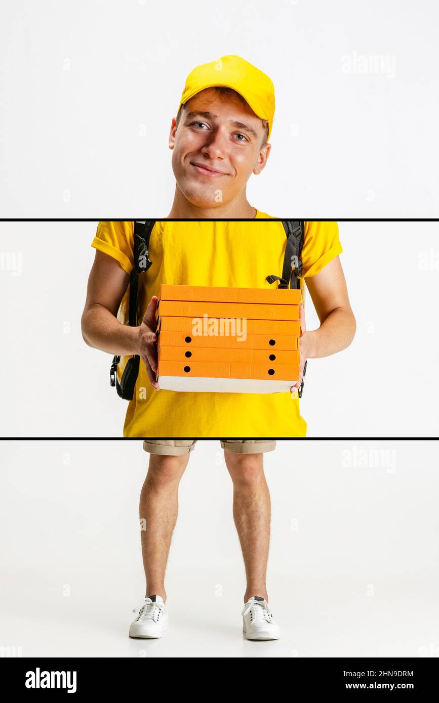 Cute delivery man in yellow uniform deliver order of pizza to client ...