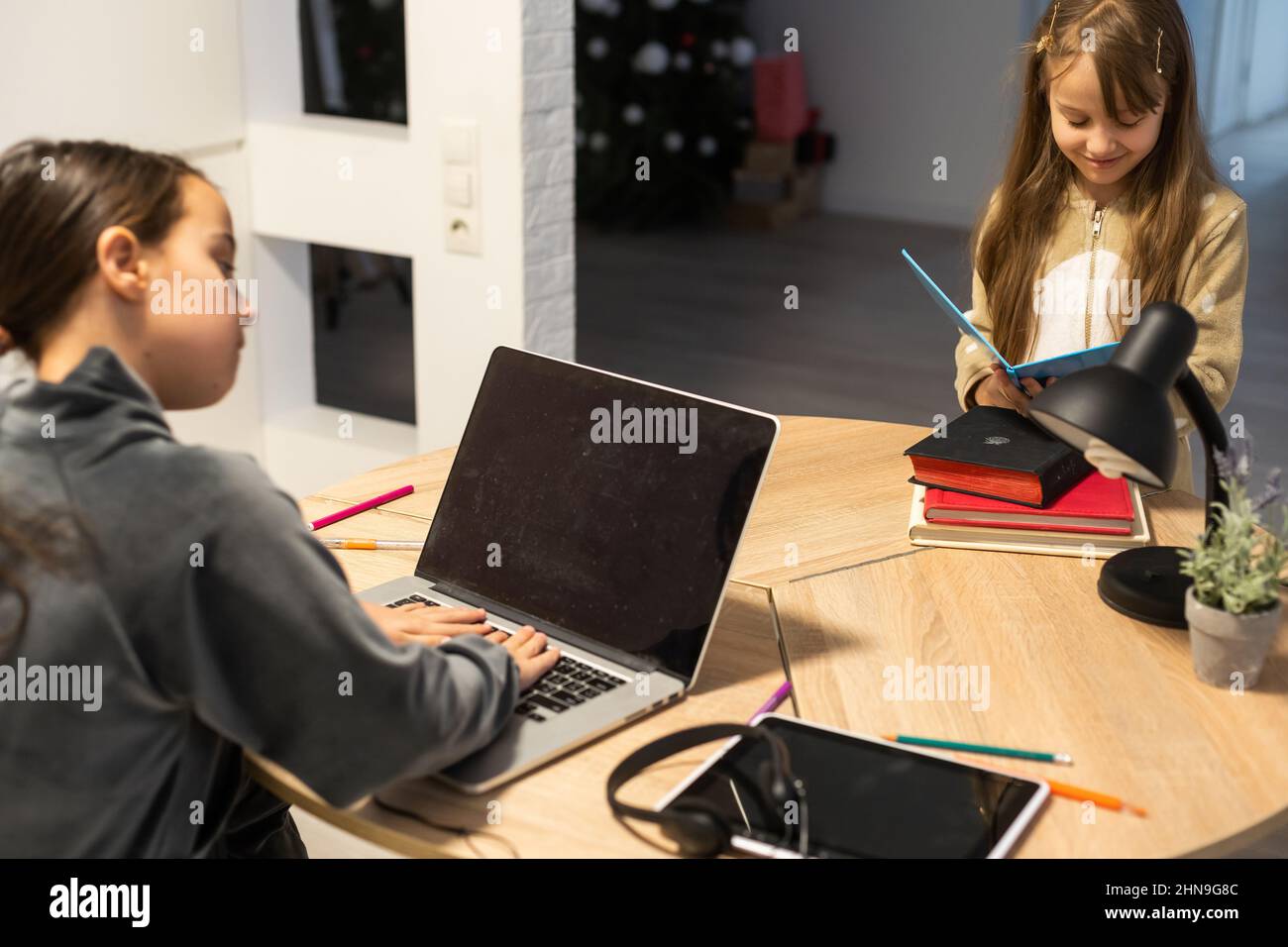 Two beautiful girls study at home Stock Photo - Alamy