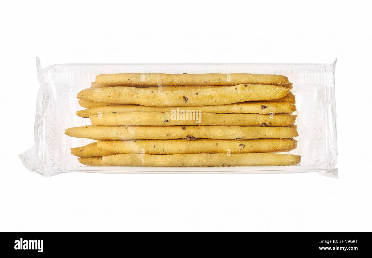 Delicious Italian bread sticks in plastic packaging. isolated on white ...