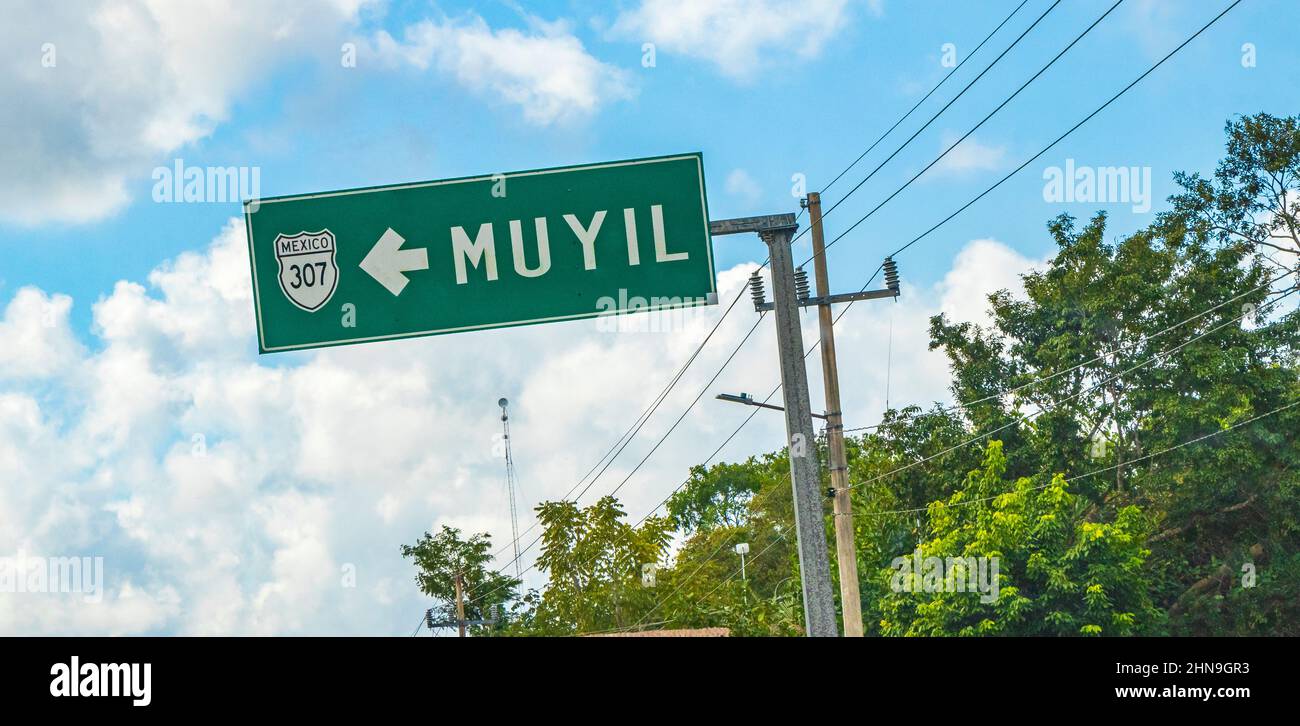 Tulum Mexico 02. February 2022 Green turquoise road sign on the highway ...