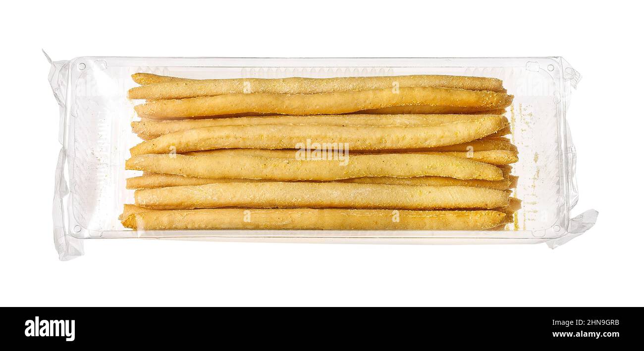 Delicious Italian bread sticks in plastic packaging. isolated on white ...