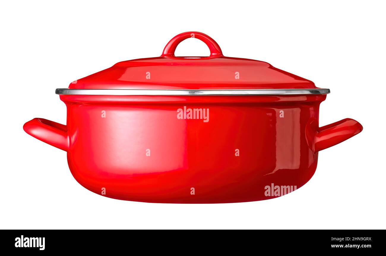 red cast iron enamel frying pan. Dutch oven, isolated on white Stock ...