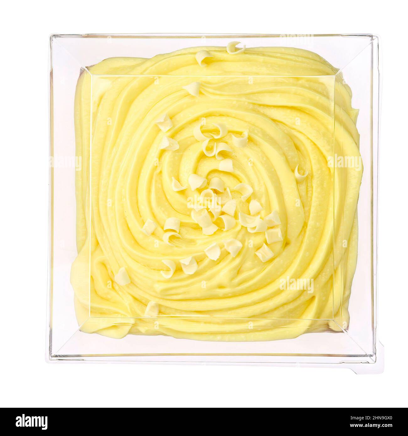 white chocolate bavarois in plastic tray isolated on white Stock Photo ...