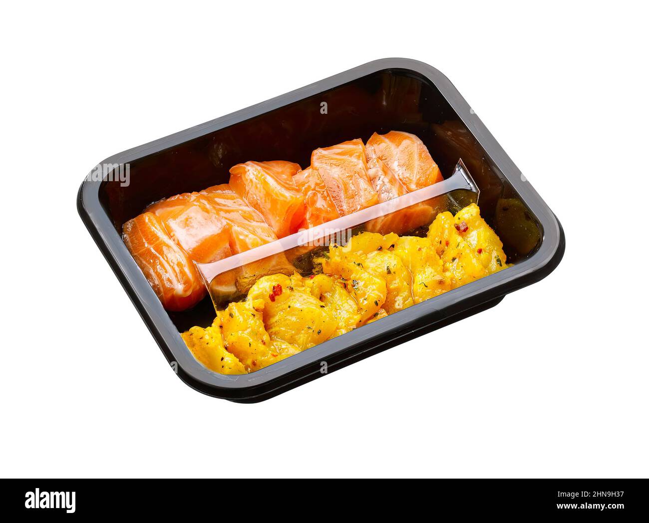 raw cod and salmon in plastic tray isolated on white Stock Photo - Alamy