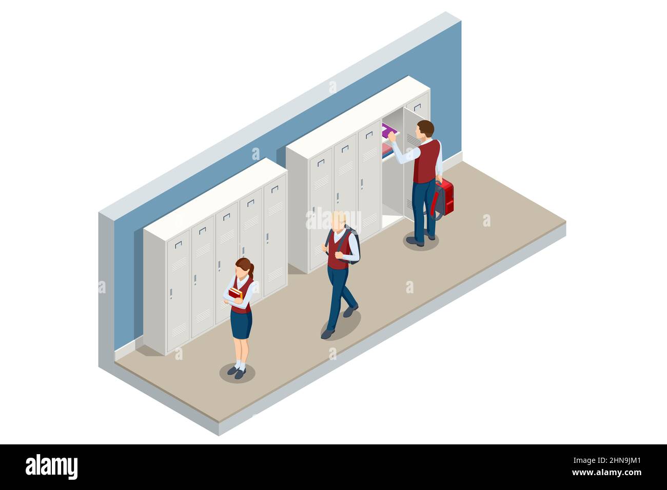 Isometric School lockers isolated in white background. Student in ...