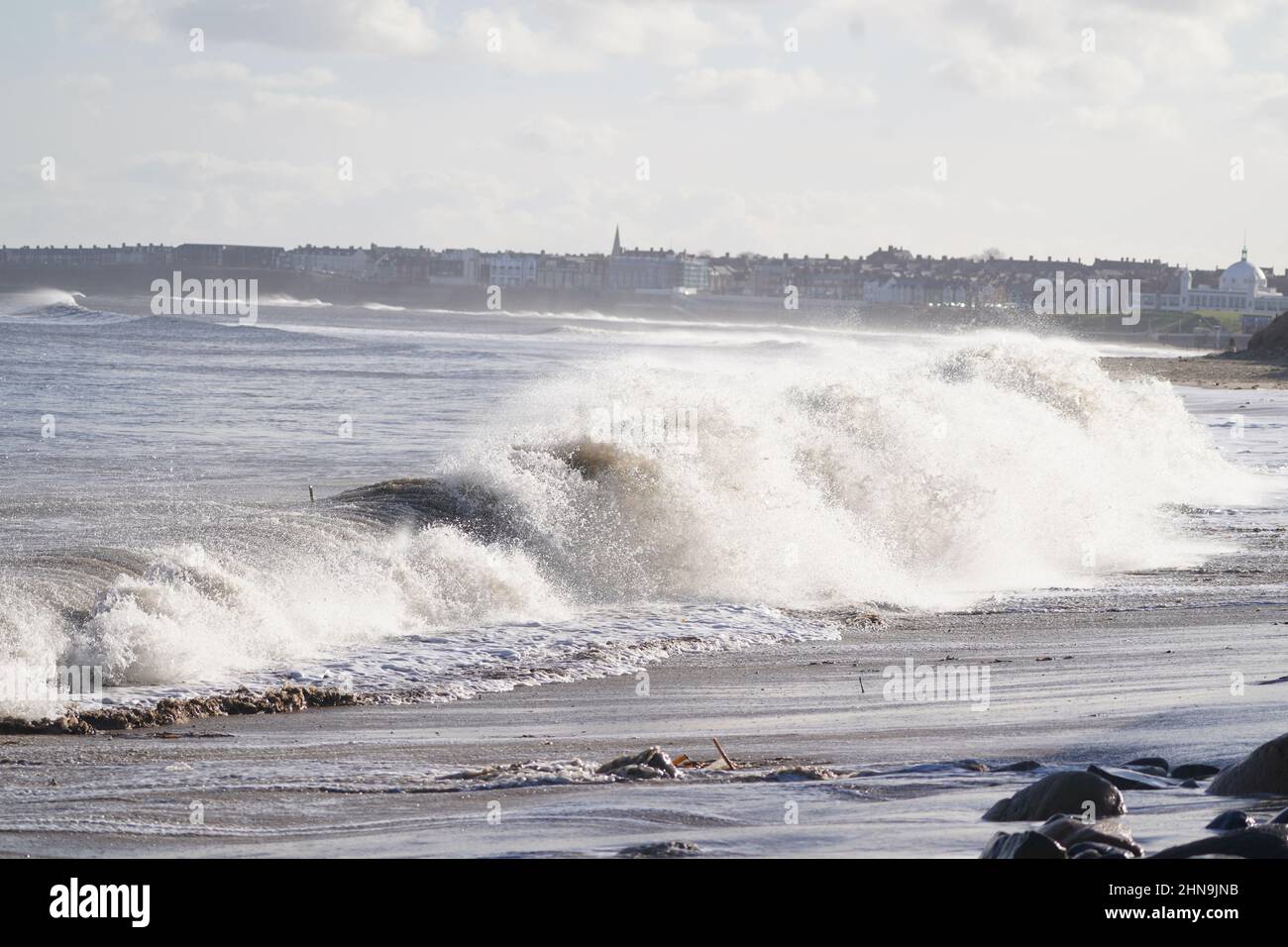 Big waves hit the shoreline a Whitley bay beah . Picture date: Tuesday ...