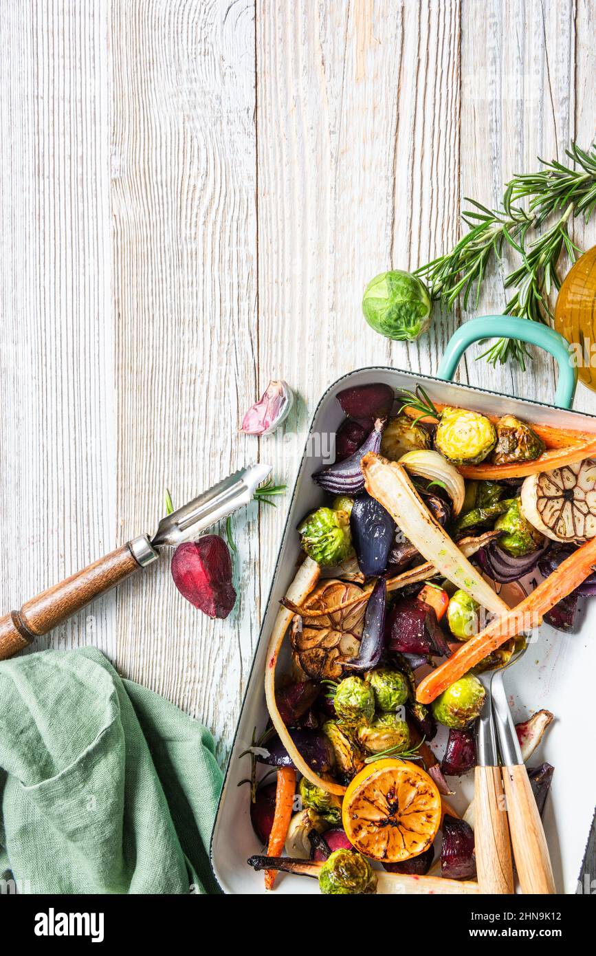 Mixed root vegetable roast with herbs. Healthy simple grill food Stock ...