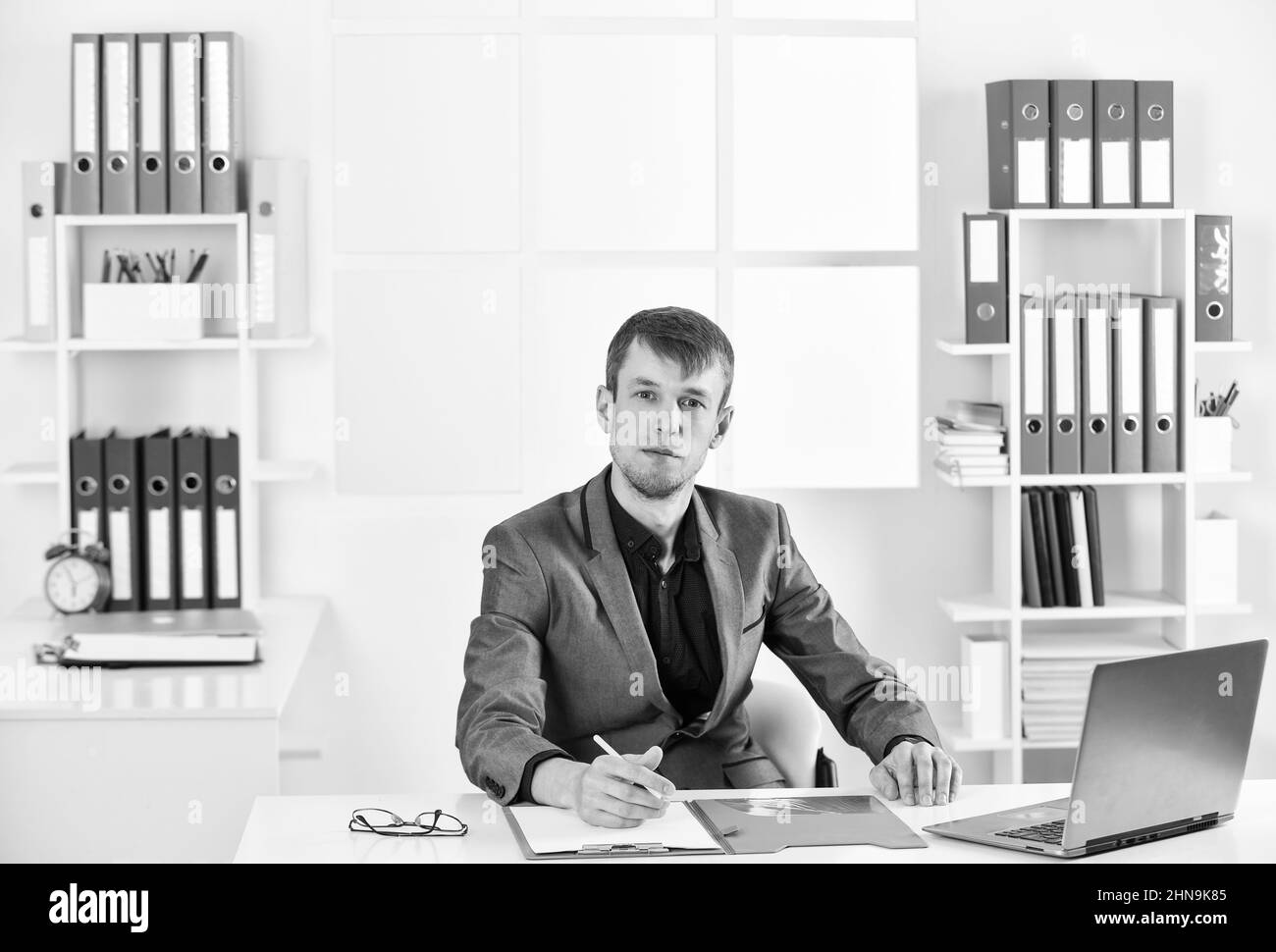 Documents notes office work manager Black and White Stock Photos ...