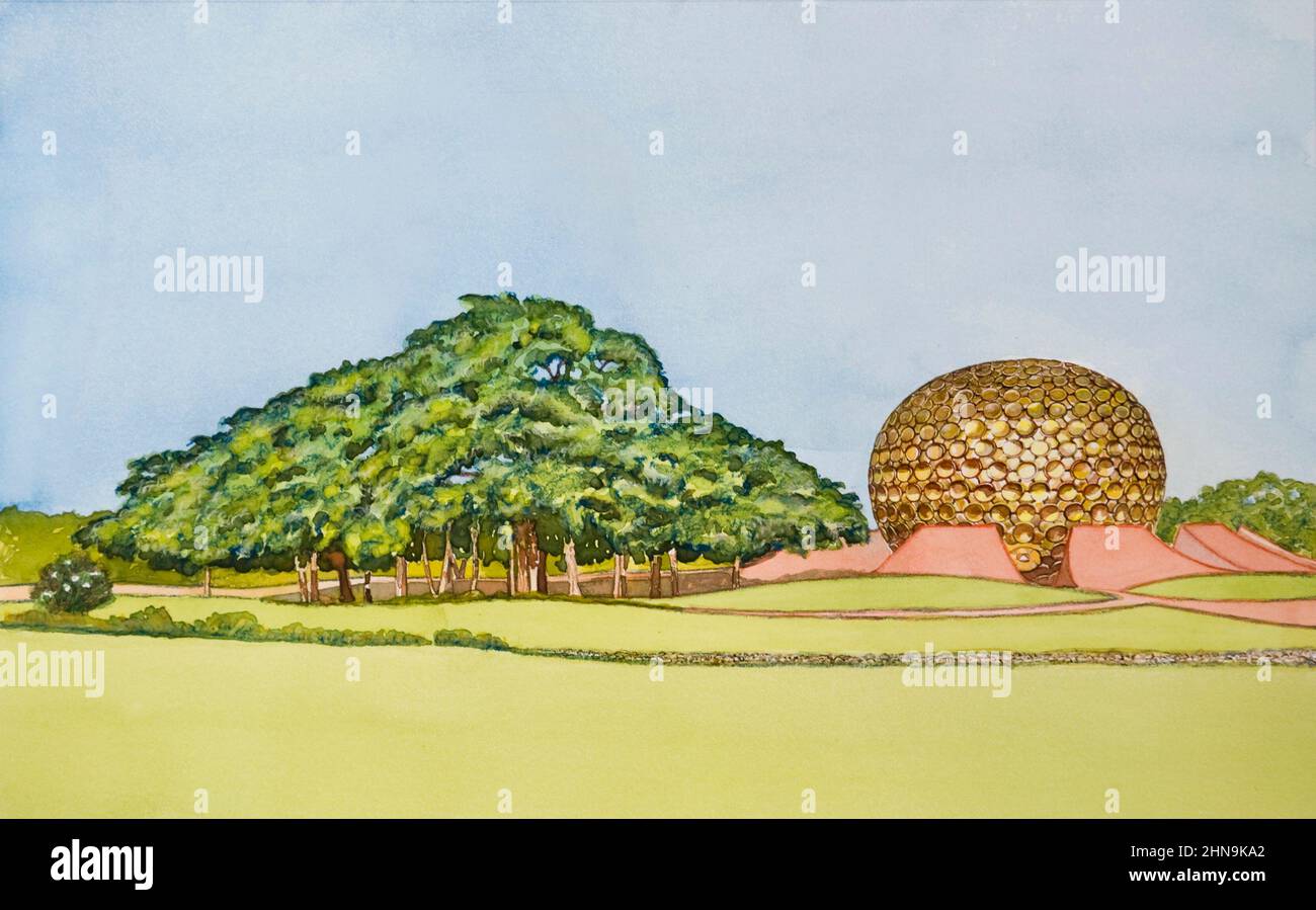 AUROVILLE, India - February 2022: The Matrimandir and the Banyan Tree ...