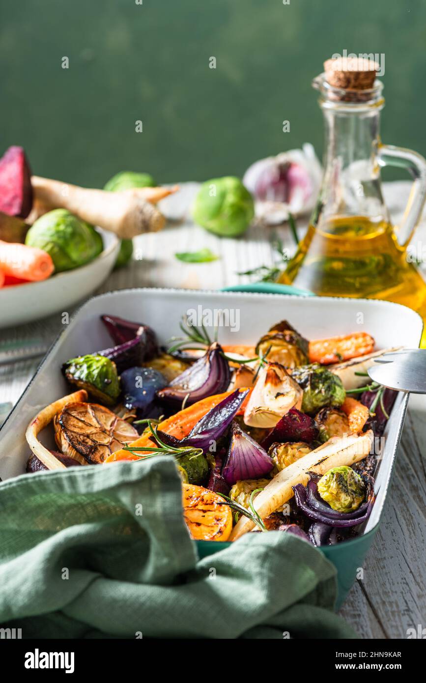 Grilled and roasted root vegetables with herbs. Healthy simple food ...