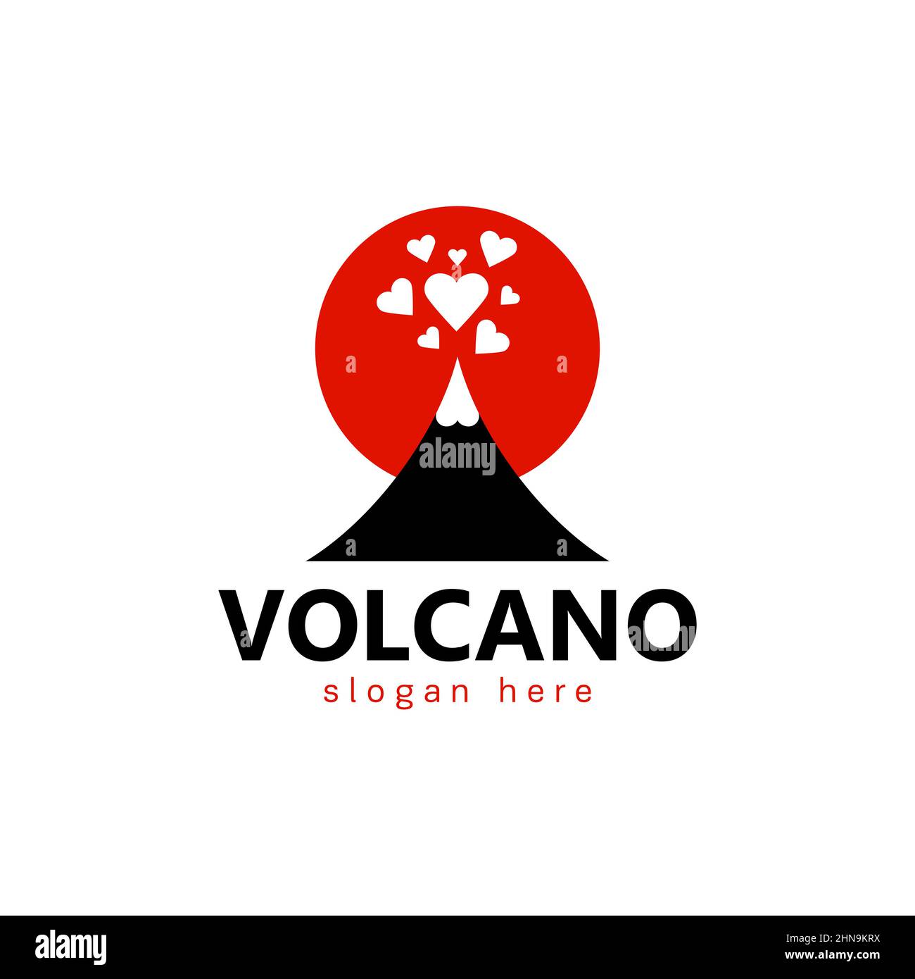 Sign or symbol of a black volcano with erupting hearts against a red ...