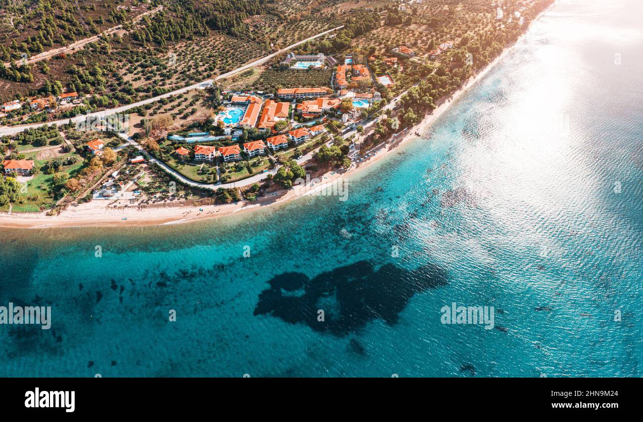 Aerial view of the idyllic sea shore on the Sithonia peninsula in ...