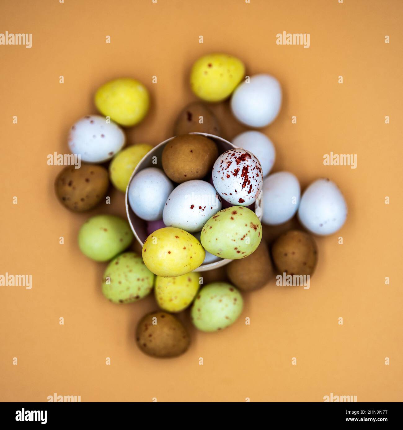 Top view of colorful quail eggs isolated on the orange background Stock ...