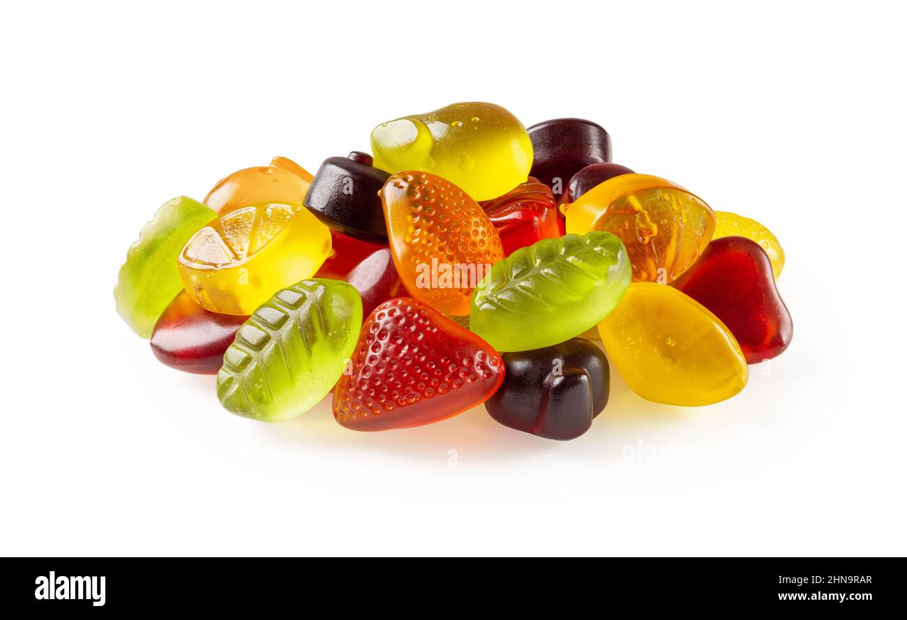 Pile of assorted chewy candy isolated on white background. Multicolored ...