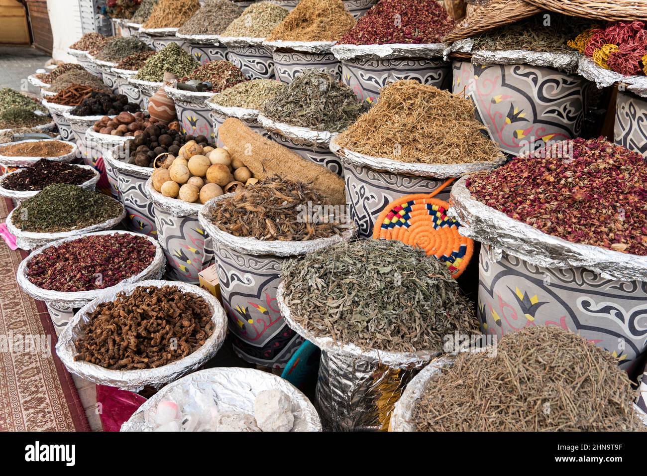 Turkish Egypt spices and tea market counter. Traditional trade in tea ...