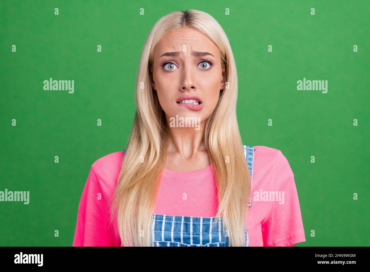 Photo of scared terrified stunned lady bite lip make mistake wear ...