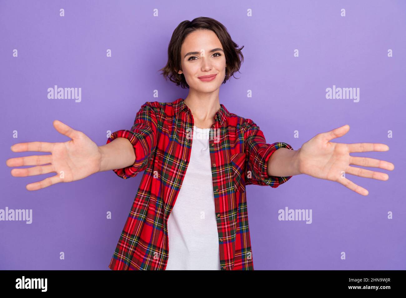 Photo of nice millennial bob hairdo lady hug wear red shirt isolated on ...