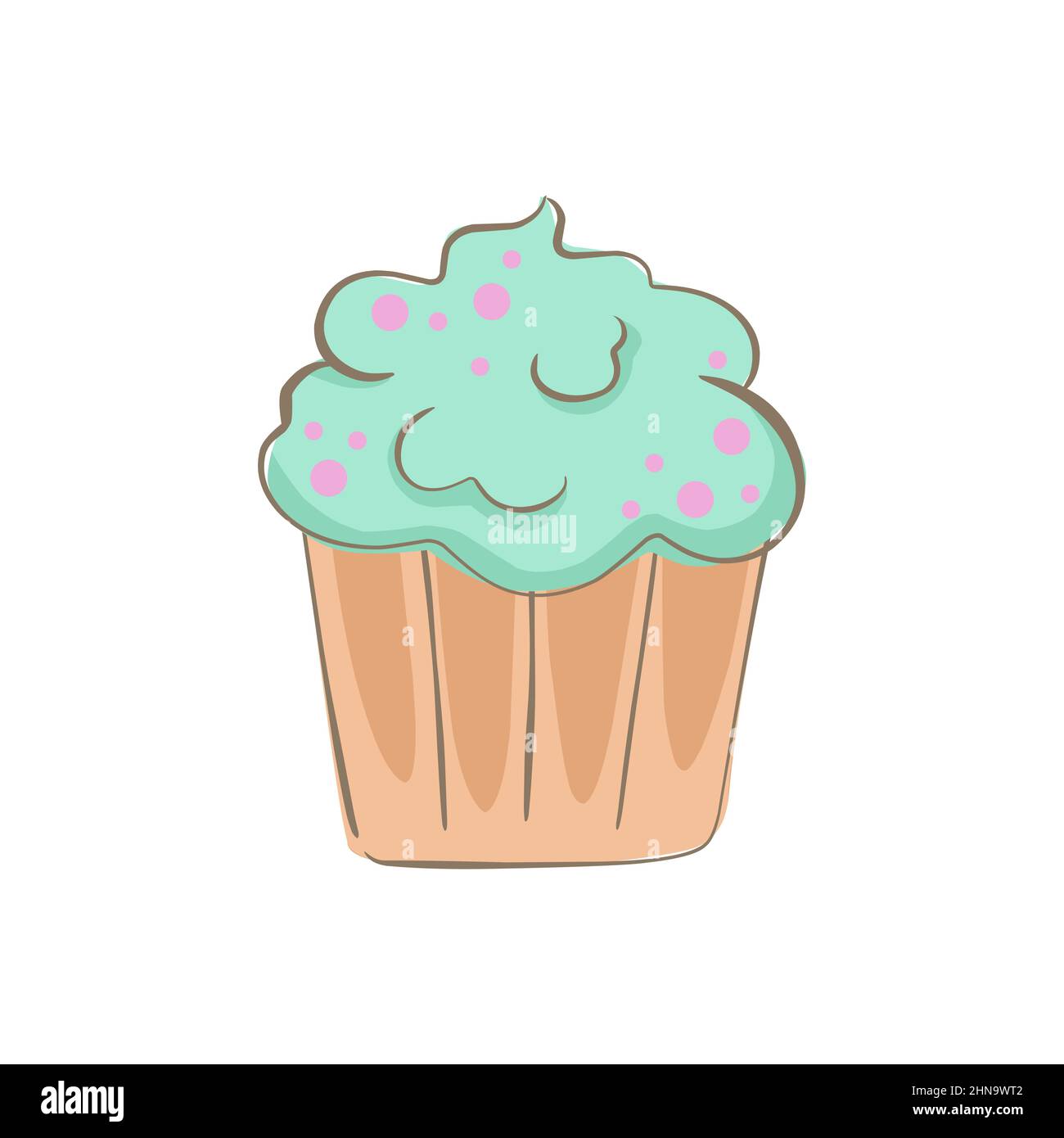 hand drawn cupcake with cream and topping. simple cartoon food ...