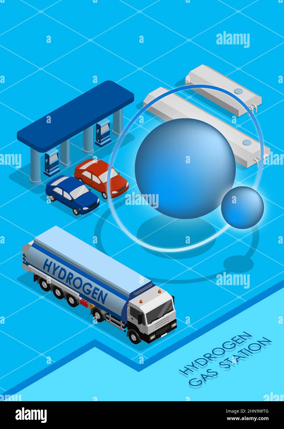 Isometric hydrogen gas station A4 vertical concept. Cargo fuel truck ...
