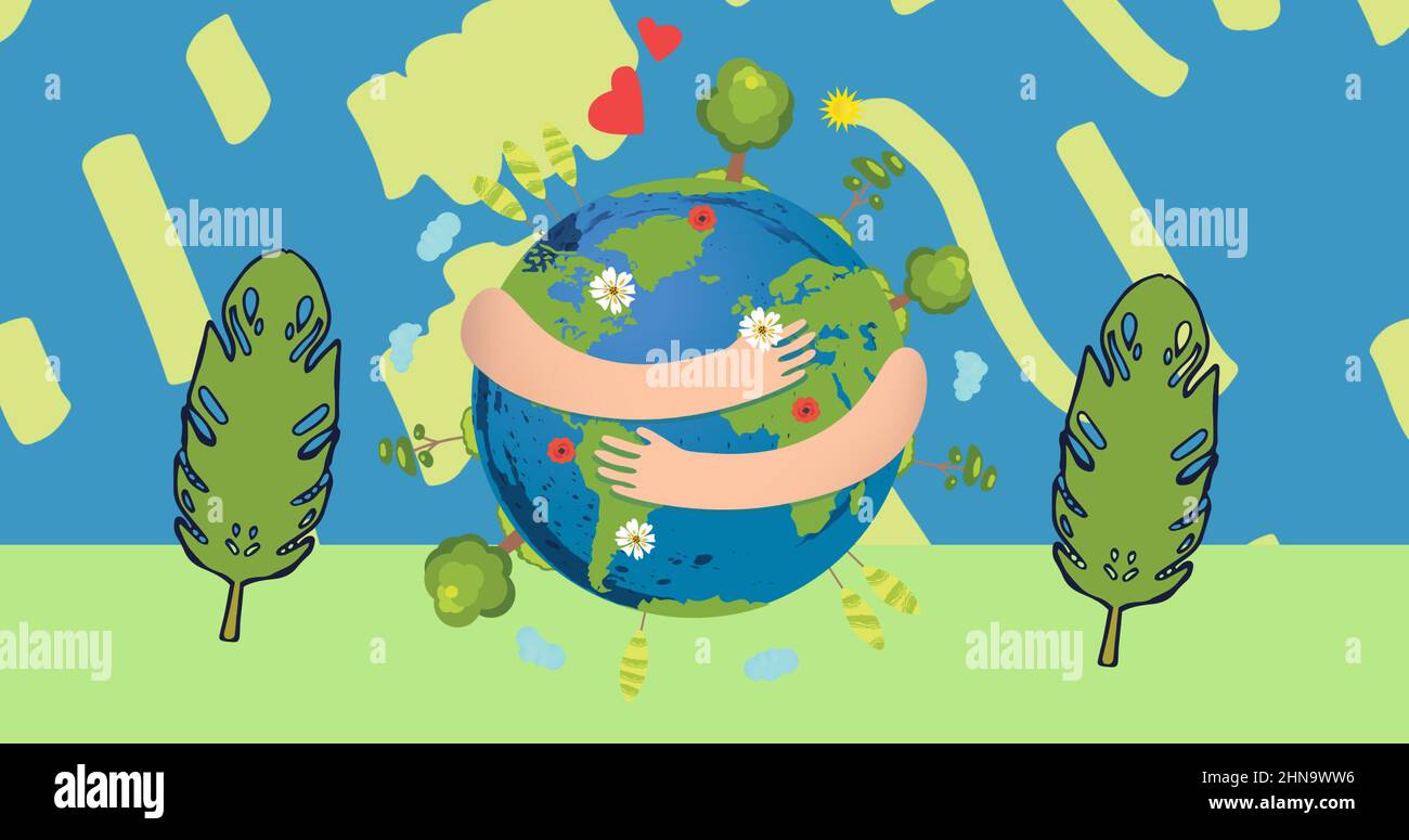 Digitally generated image of planet earth sphere hugging self against ...