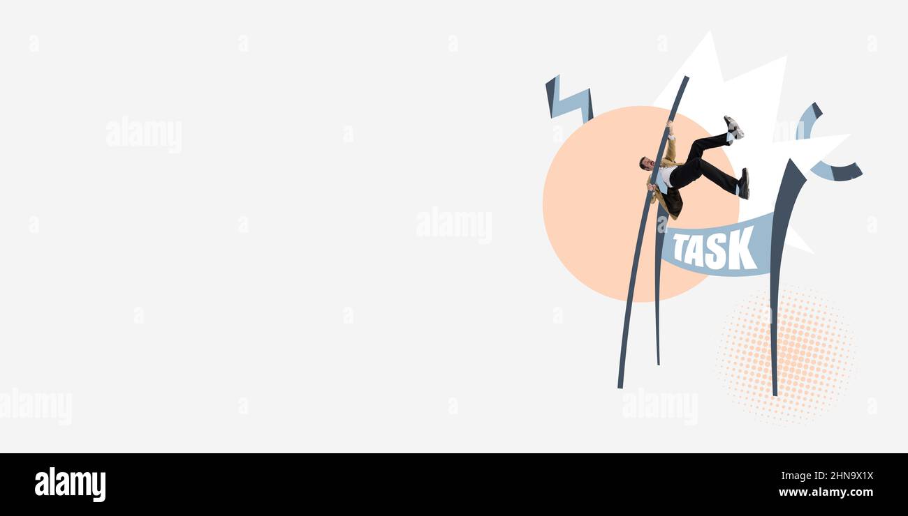 Contemporary art collage. businessman, motivated employee jumping over ...