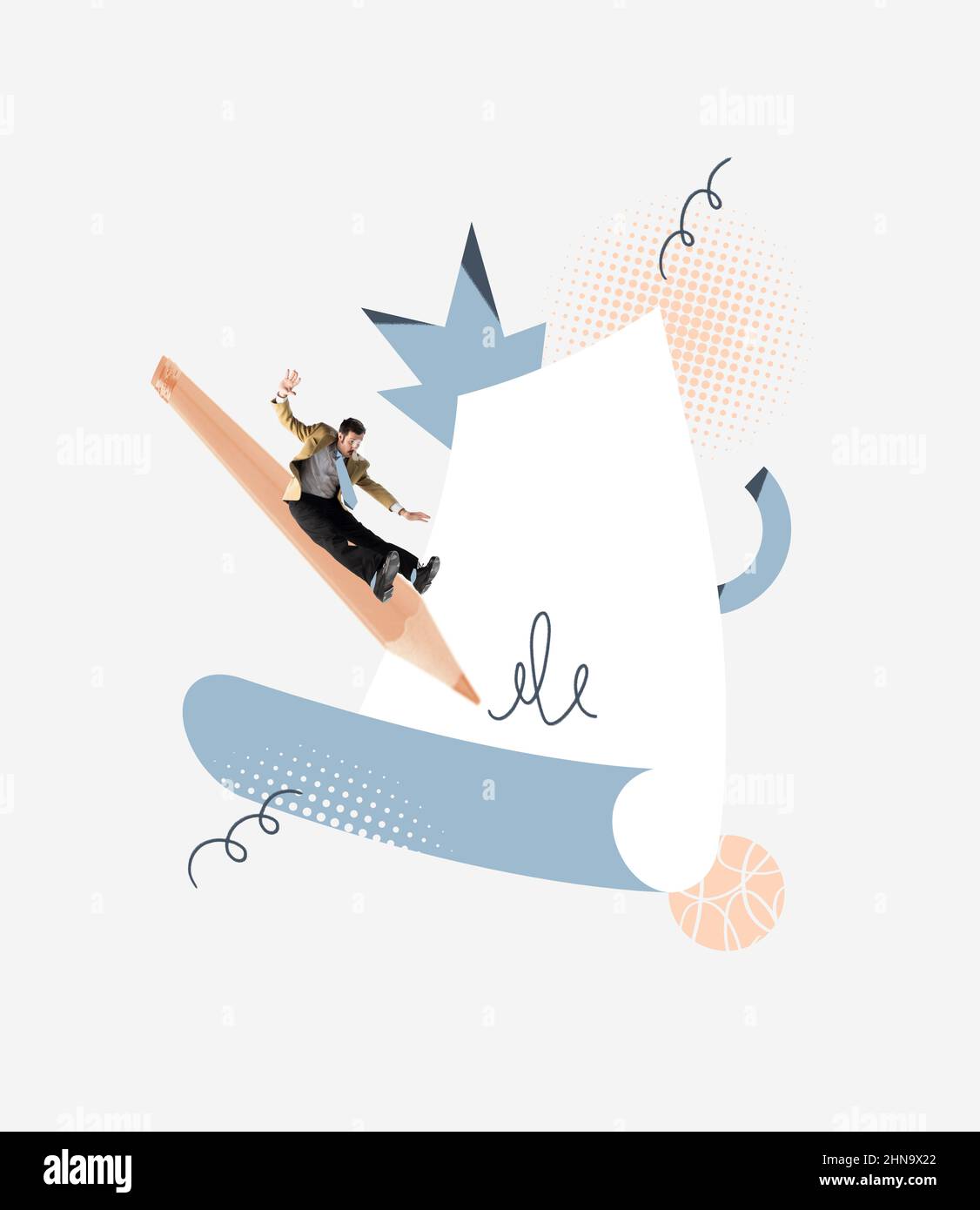 Contemporary art collage. Businessman, employee writing on paper scroll ...