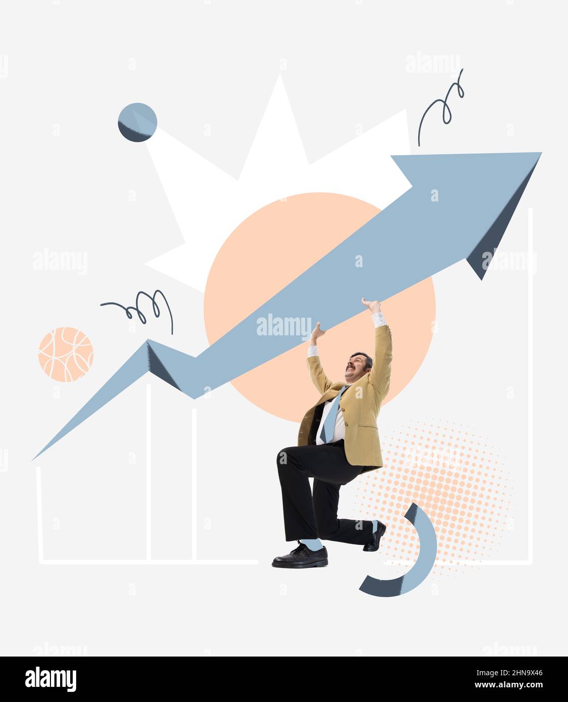 Contemporary art collage. Ambitious man, employee lifting up heavy ...