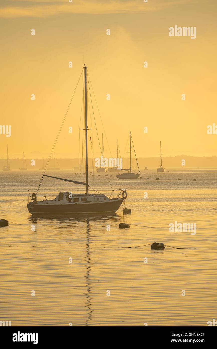 Looking down the River Medway from Lower Upnor at dawn on a winters ...