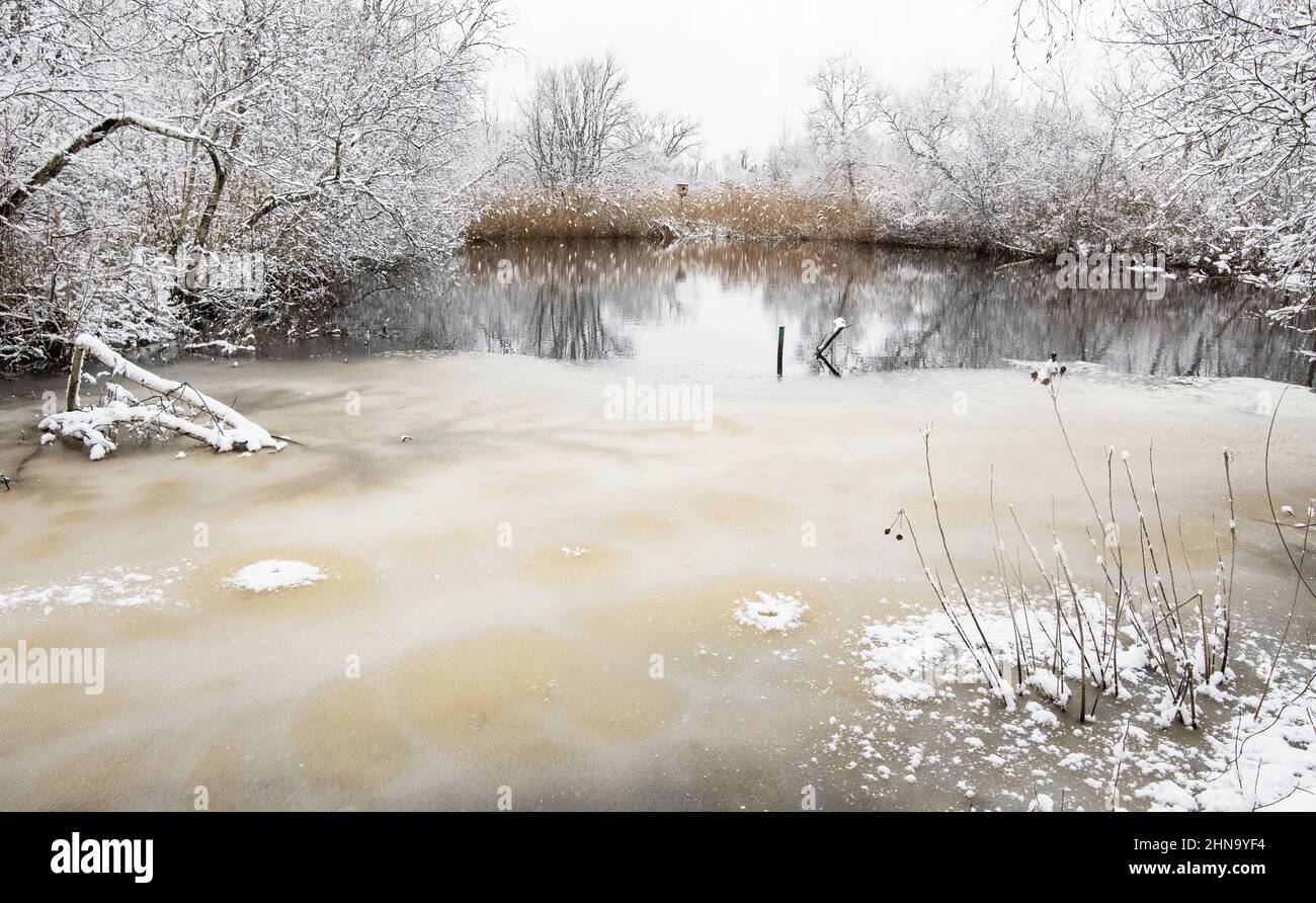 Winter snow scenic and pond Stock Photo - Alamy