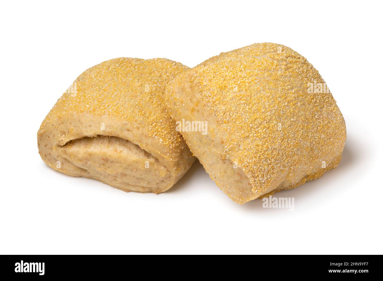 Pair of fresh baked corn buns close up isolated on white background ...