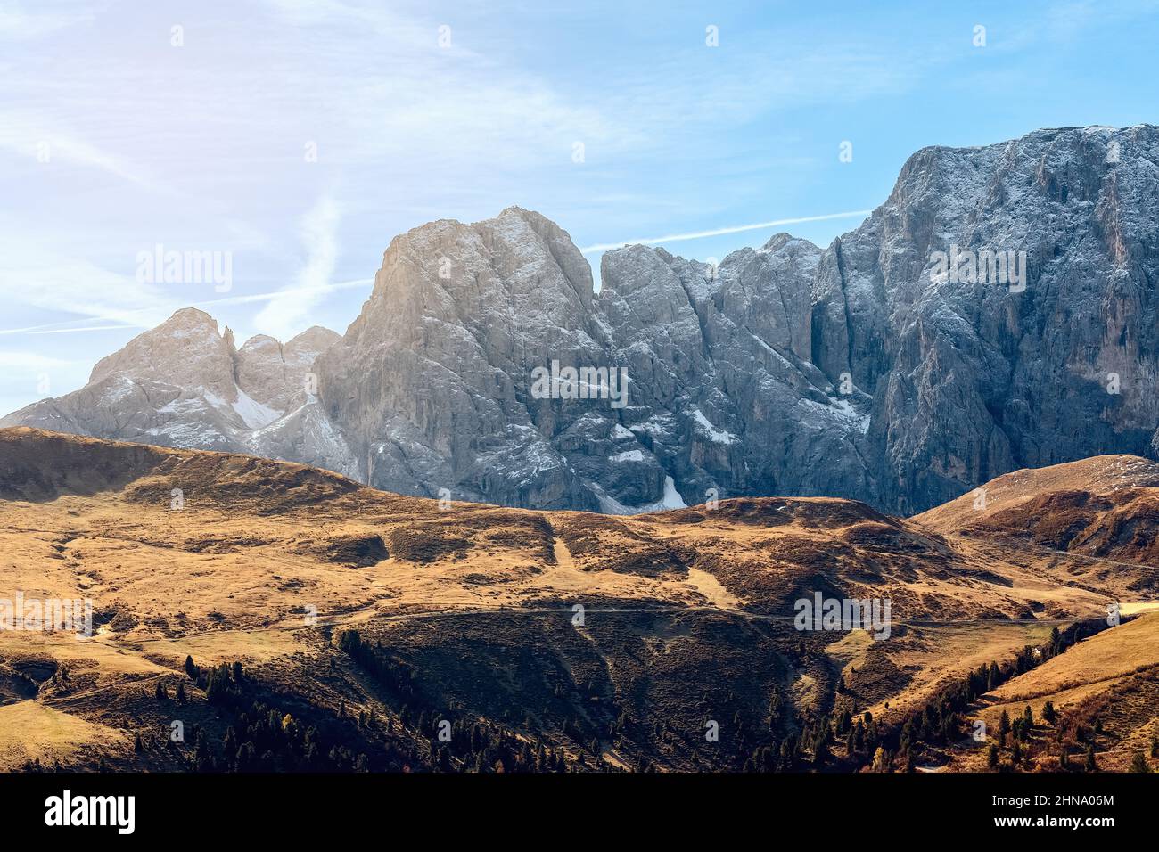 Plateau of Seiser Alm covered with yellow autumn grass surrounded by ...