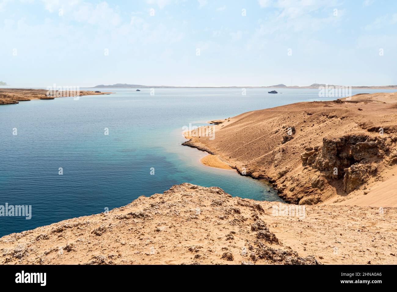 Bay with blue water in Ras Muhammad National Park. a stone sandy coast ...