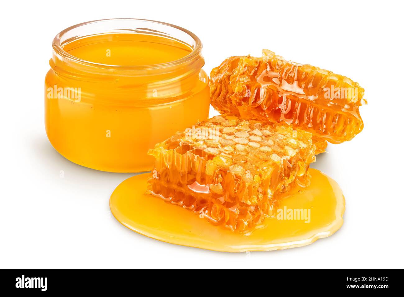Honeycombs and honey puddle isolated on white background with clipping ...