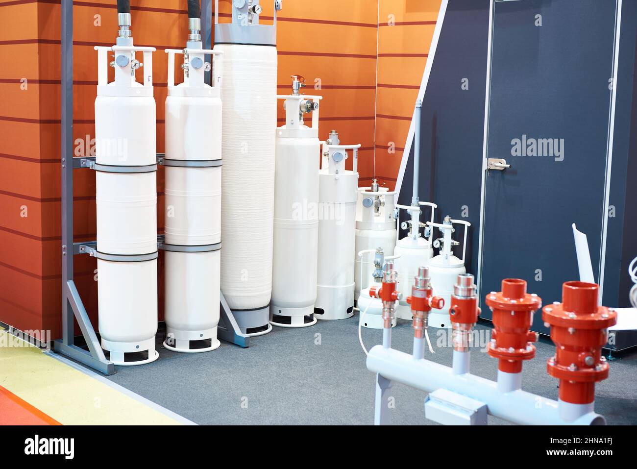 Cylinders modules for gas extinguishing in store exhibition Stock Photo ...