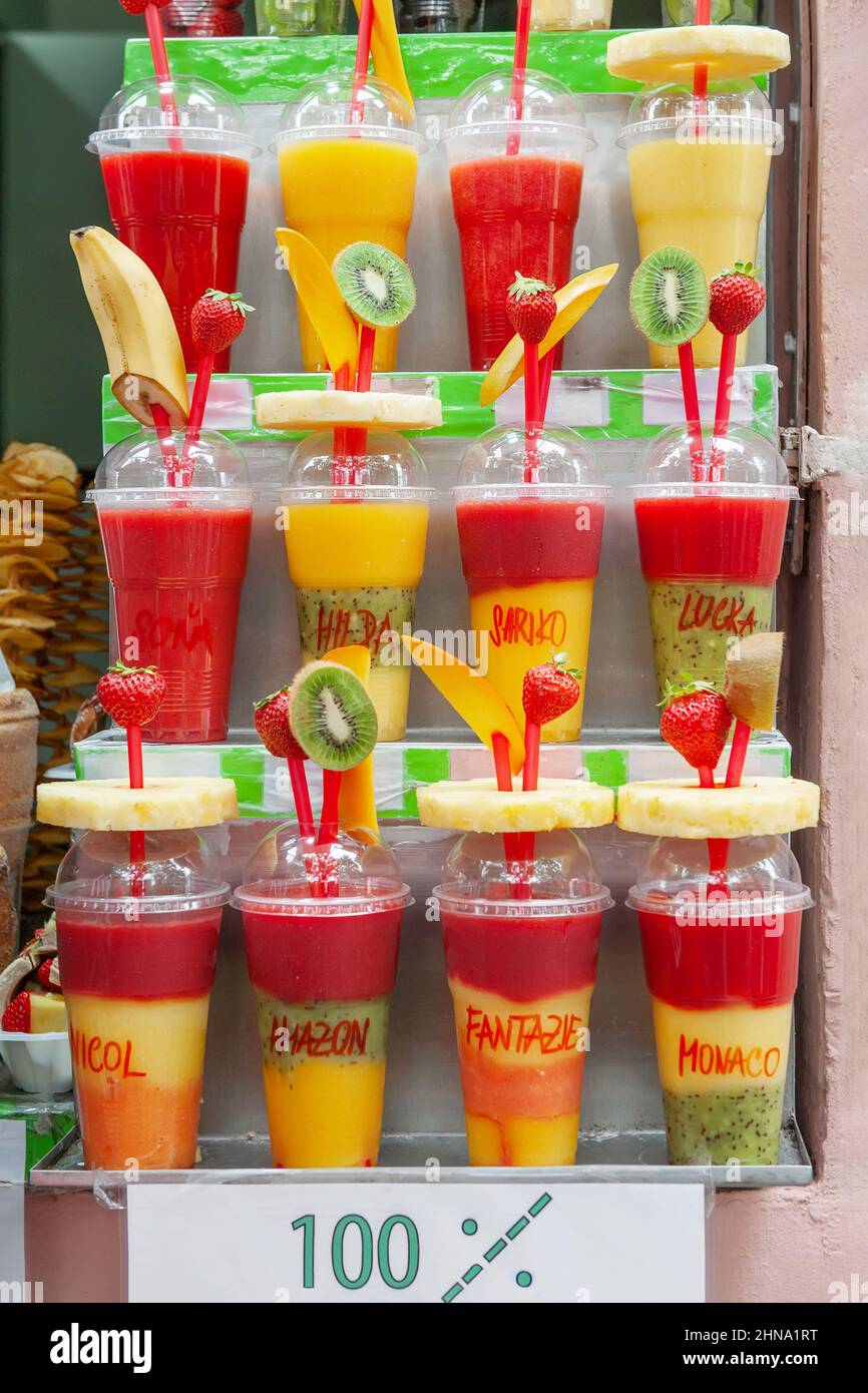 natural multifruit bright juices. Fruit smoothies are made in layers of ...