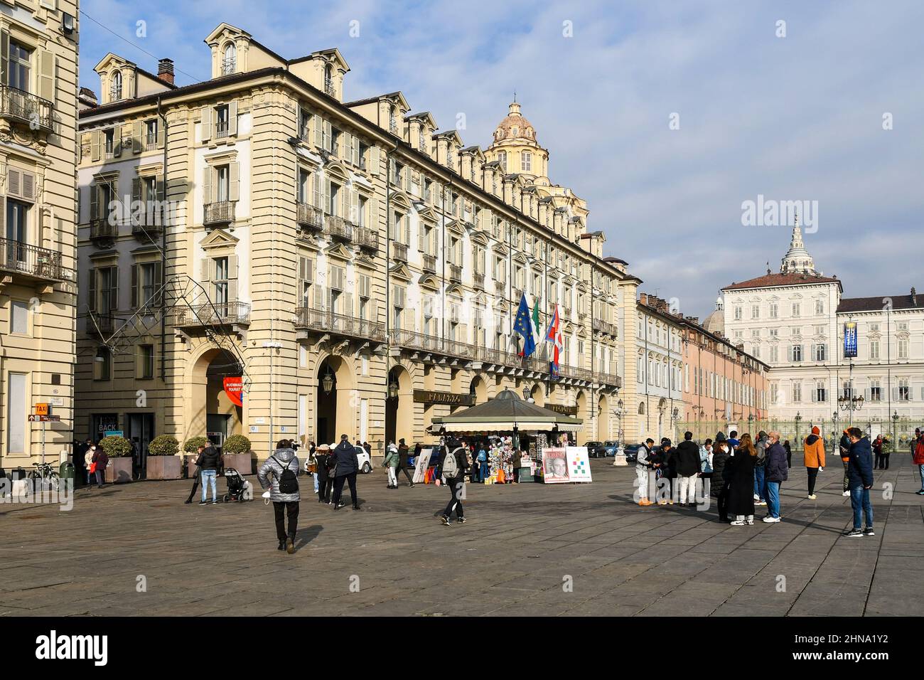 Piazza Castello square in the historic centre with the dome of the ...