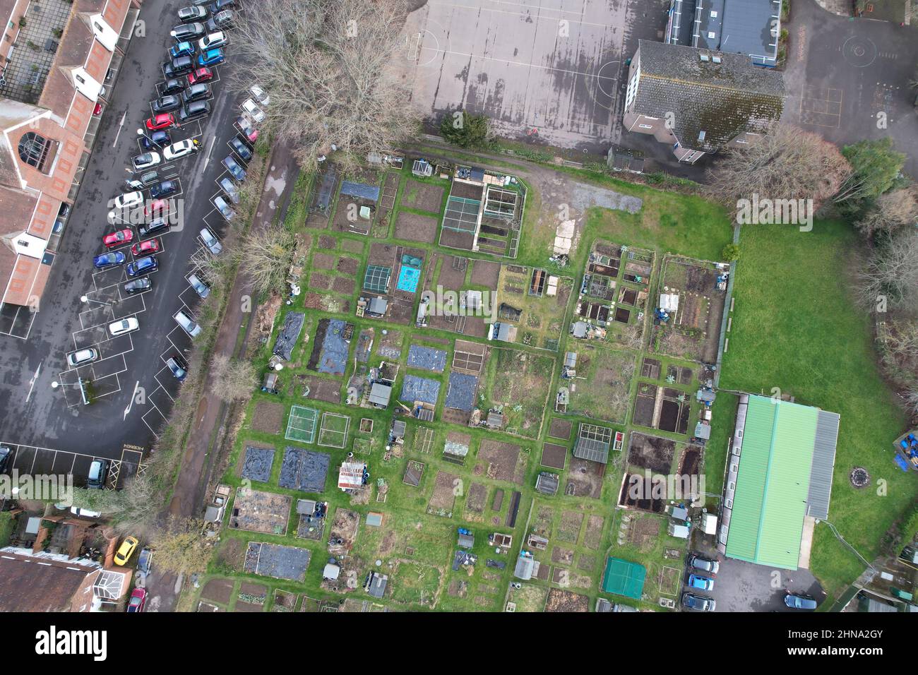 Allotments, overhead Drone aerial view in winter England UK Stock Photo ...