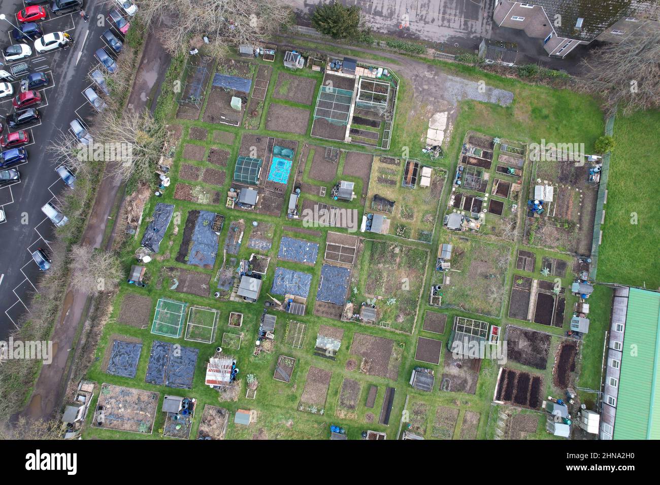 Allotments, overhead Drone aerial view in winter England UK Stock Photo ...