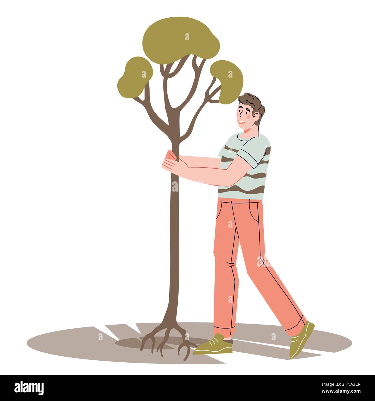 Volunteer take care of Earth planet and planting tree, flat cartoon ...