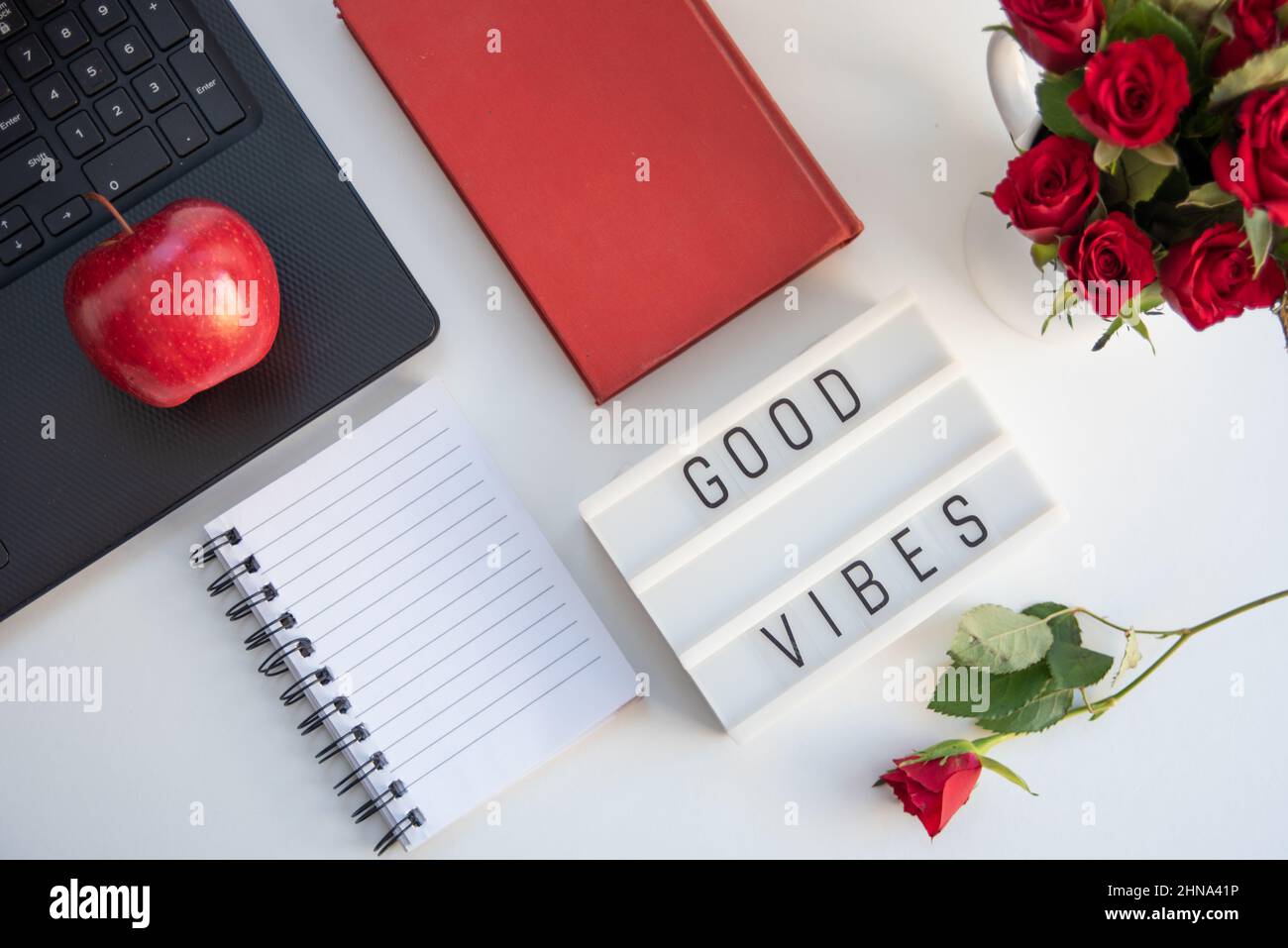 Good vibes message on a white desk, working from home or office Stock ...