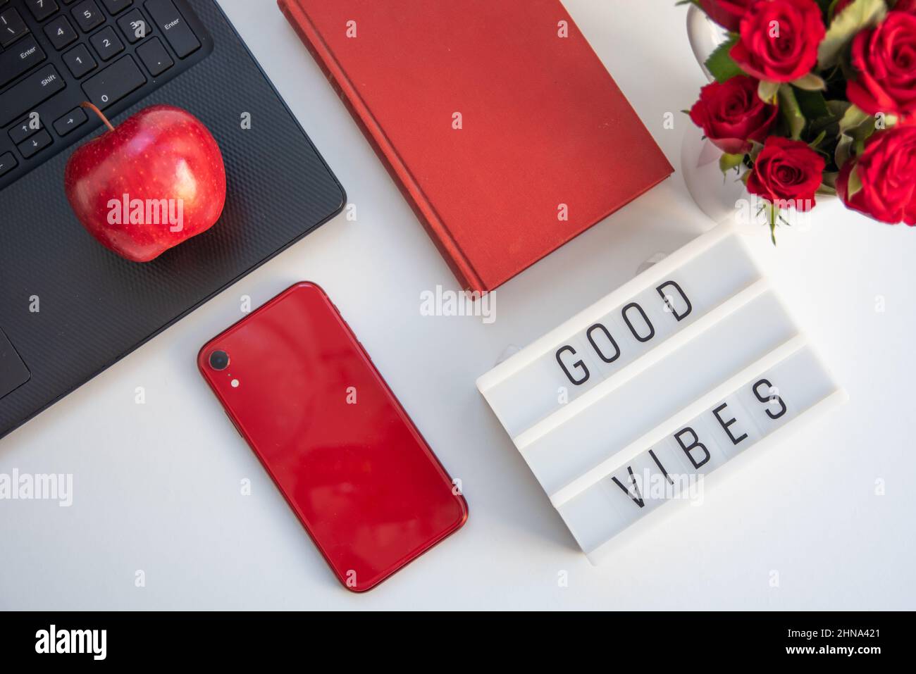 Good vibes message on a white desk, working from home or office Stock ...